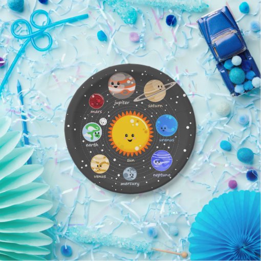Solar system party theme birthday boy planets star paper plates | Zazzle