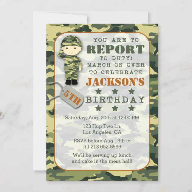 Soldier Military Camo Boy Birthday Invitation | Zazzle