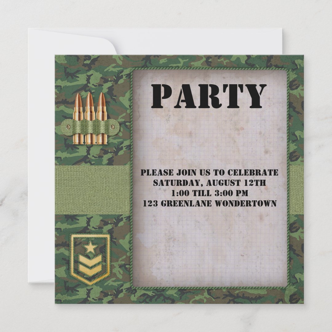 Soldier themed camouflage party invitation | Zazzle