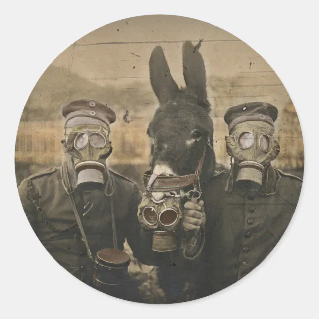 Soldiers Donkey and Gas Masks Classic Round Sticker | Zazzle