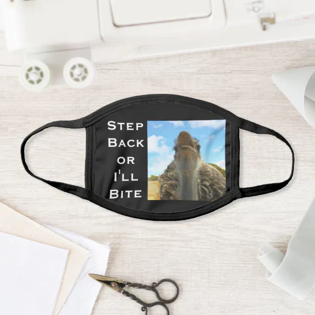 Solid Black Ostrich Bite Photo Your Text Funny Face Mask | Zazzle