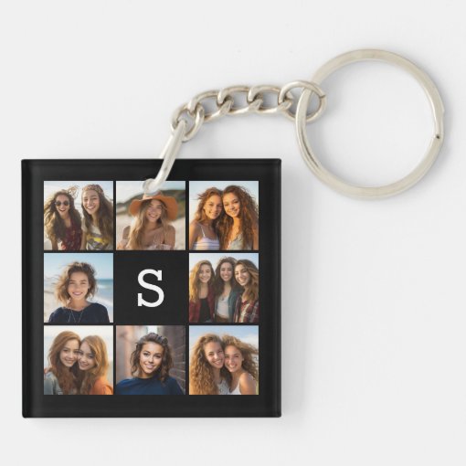 Solid Black Photo Collage Custom Monogram Keychain | Zazzle