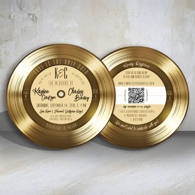 Solid Gold Vinyl Record Monogram Music Wedding Invitation | Zazzle