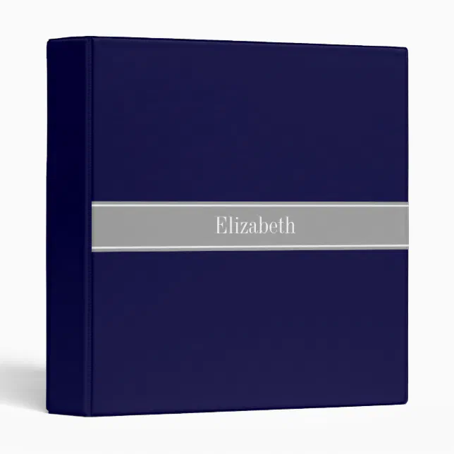 Solid Navy Blue, Dark Gray Ribbon Name Monogram 3 Ring Binder | Zazzle