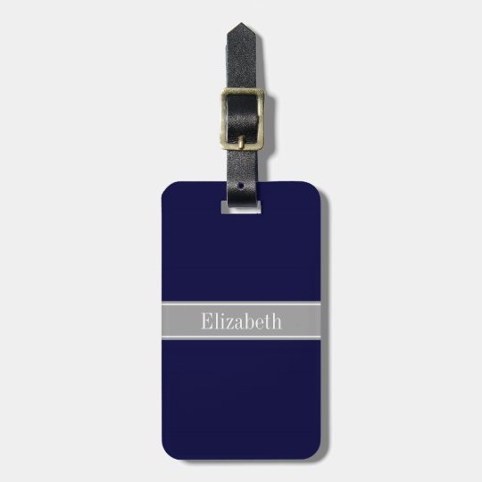 Solid Navy Blue, Dark Gray Ribbon Name Monogram Luggage Tag | Zazzle