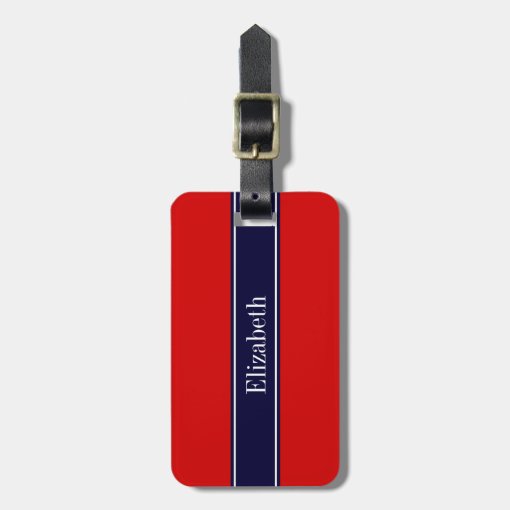 Solid Red, Navy Blue Ribbon Name Monogram Luggage Tag | Zazzle