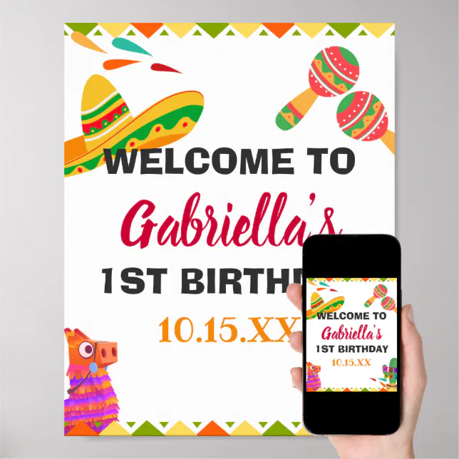 Sombrero Llama Mexican Style Fiesta First Birthday Poster | Zazzle