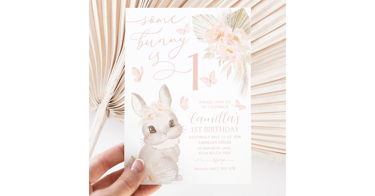 Some Bunny 1st Birthday Boho Pink Butterfly Cute Invitation | Zazzle