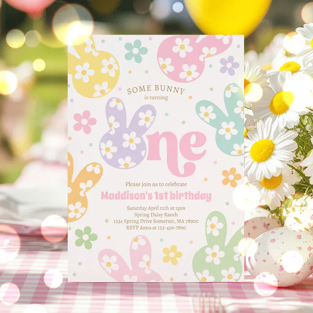 Some Bunny Daisy Floral Pastel Spring 1st Birthday Invitation | Zazzle