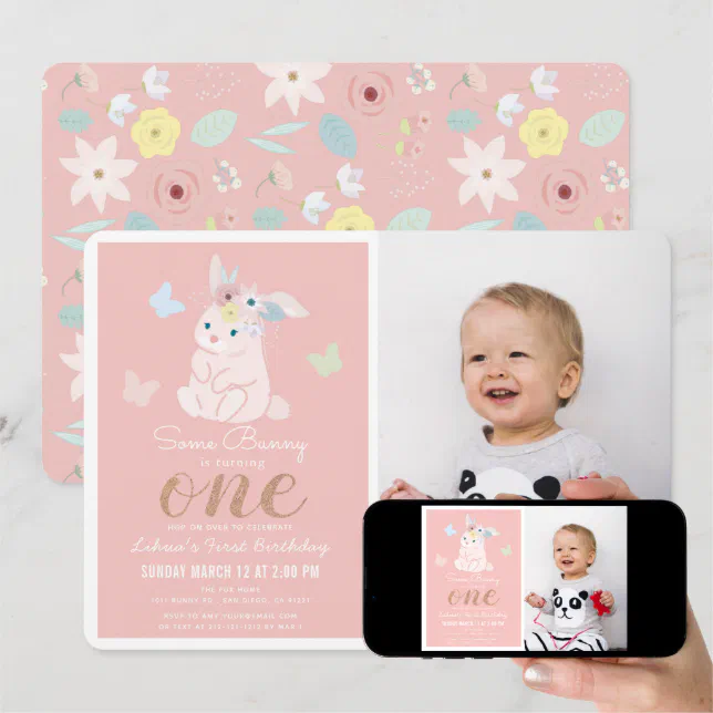 Some Bunny Floral Pink Girl 1st Photo Birthday Invitation | Zazzle
