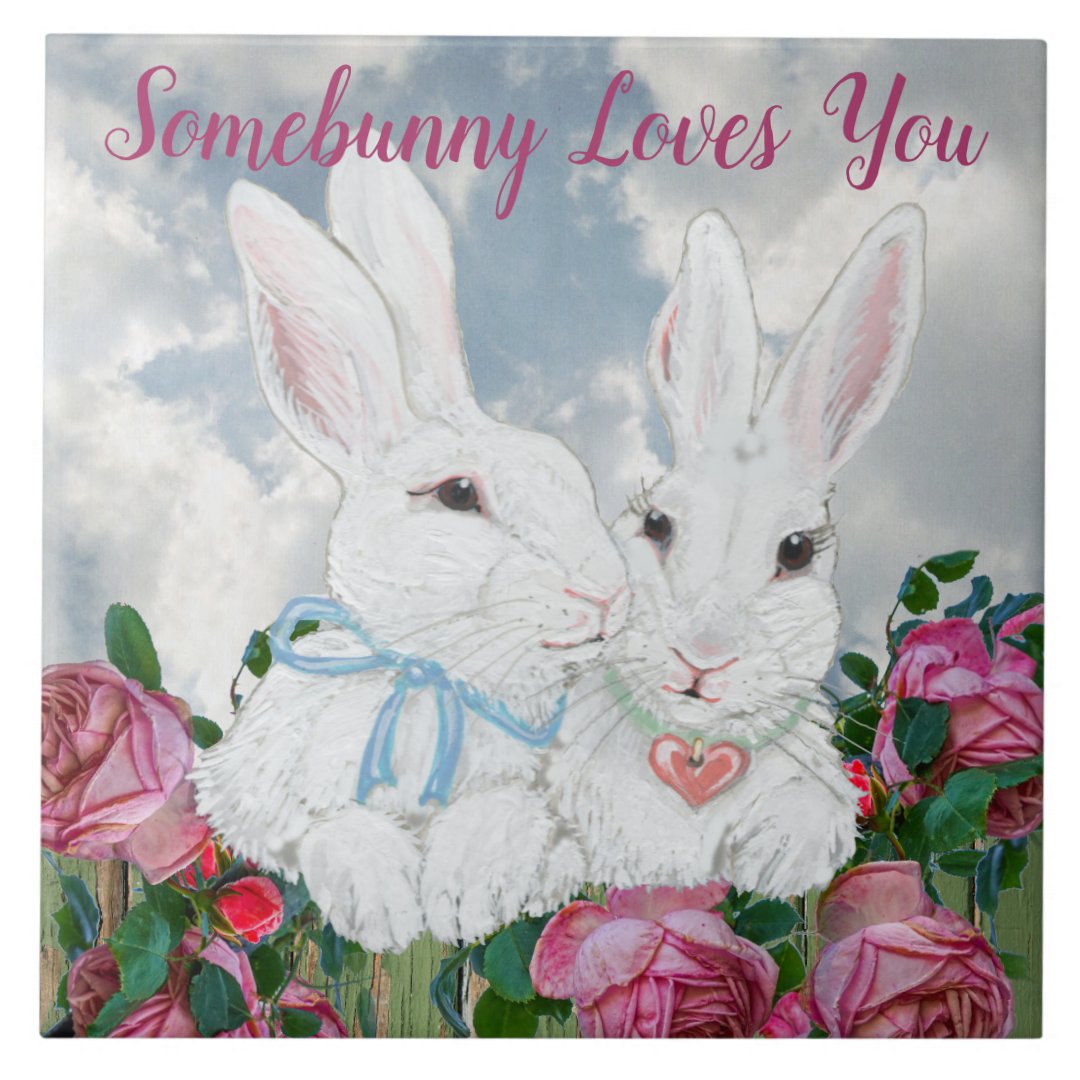 Somebunny Loves You Bunny Rabbits Rose Valentine Ceramic Tile | Zazzle