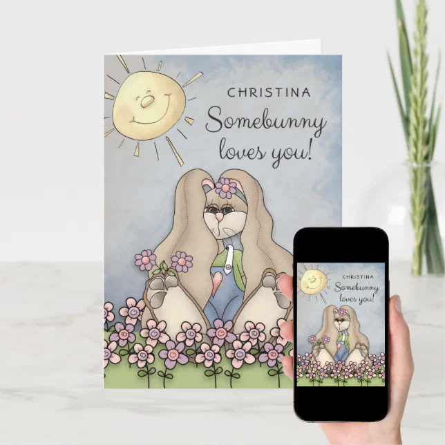 Somebunny Loves You! Girl Bunny Personalized Holiday Card | Zazzle