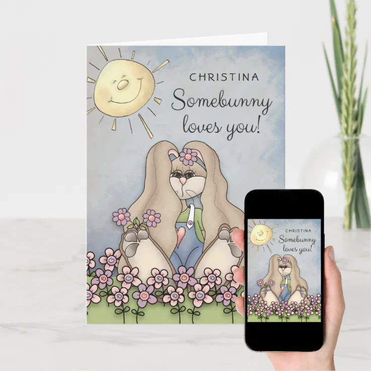 Somebunny Loves You! Girl Bunny Personalized Holiday Card | Zazzle