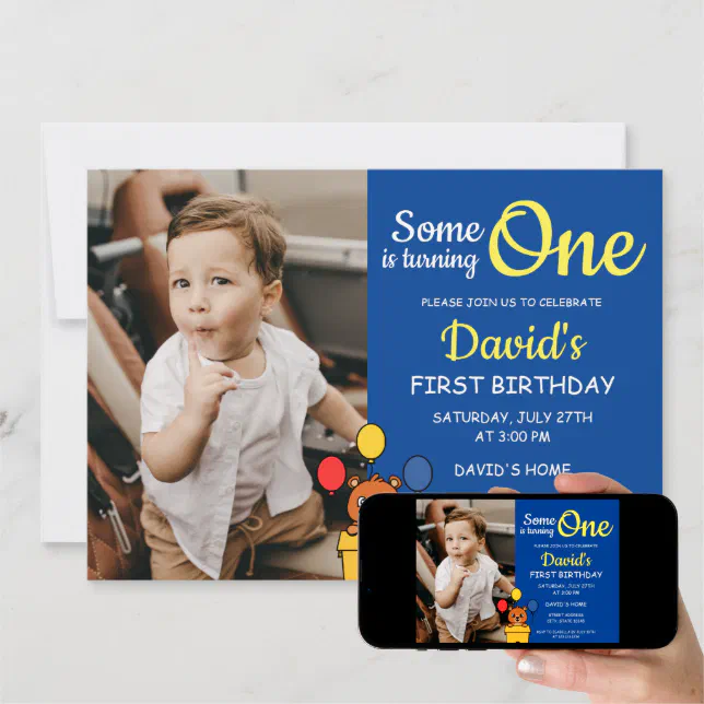 Someone is Turning One Blue Photo 1st Birthday Invitation | Zazzle