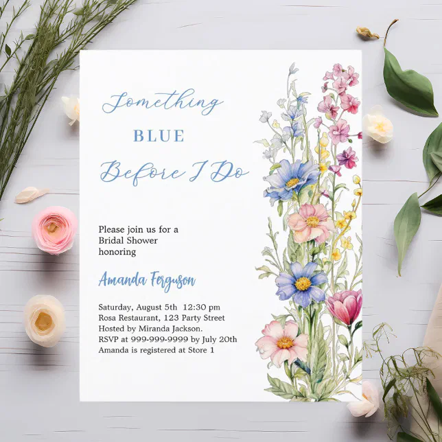 Something blue floral Bridal Shower invitation | Zazzle