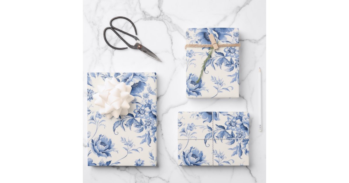 Something Blue Floral French Toile Chinoiserie Wrapping Paper Sheets ...