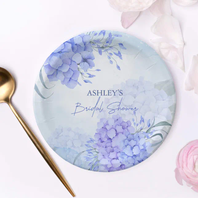 Something blue hydrangeas elegant bridal shower paper plates | Zazzle