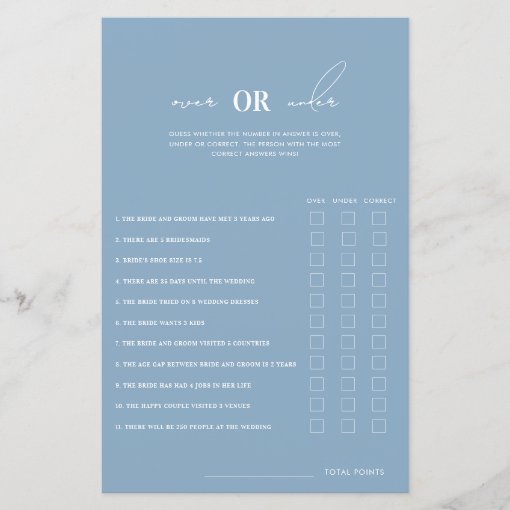 Something Blue Over or Under Bridal Shower Game | Zazzle