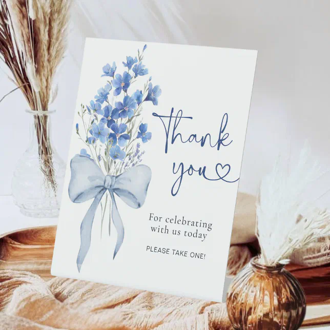 Something Blue Ribbon Bow Thank You Table Pedestal Sign | Zazzle