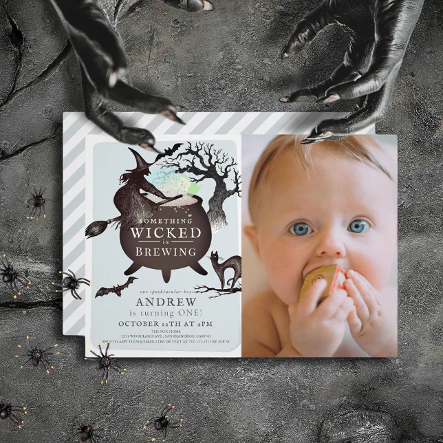 Something Wicked Brewing Halloween Bl 1st Birthday Invitation | Zazzle