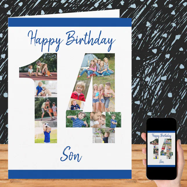 Son Number 14 Photo Collage Big 14th Birthday Card | Zazzle