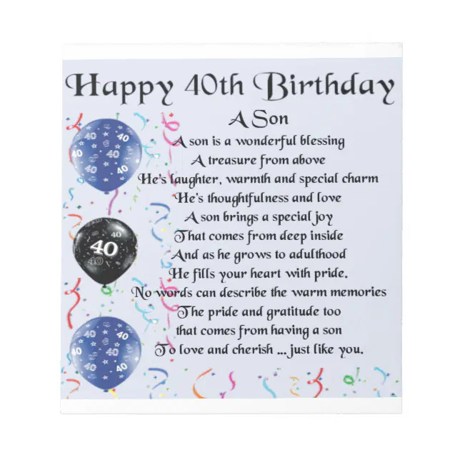 Son Poem - 40th Birthday Design Notepad | Zazzle
