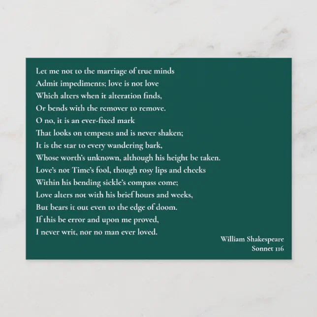 Sonnet 116Let me not to the marriage of true minds Postcard | Zazzle