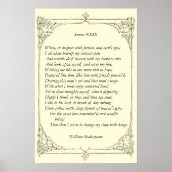 Sonnet # 29 by William Shakespeare Poster | Zazzle