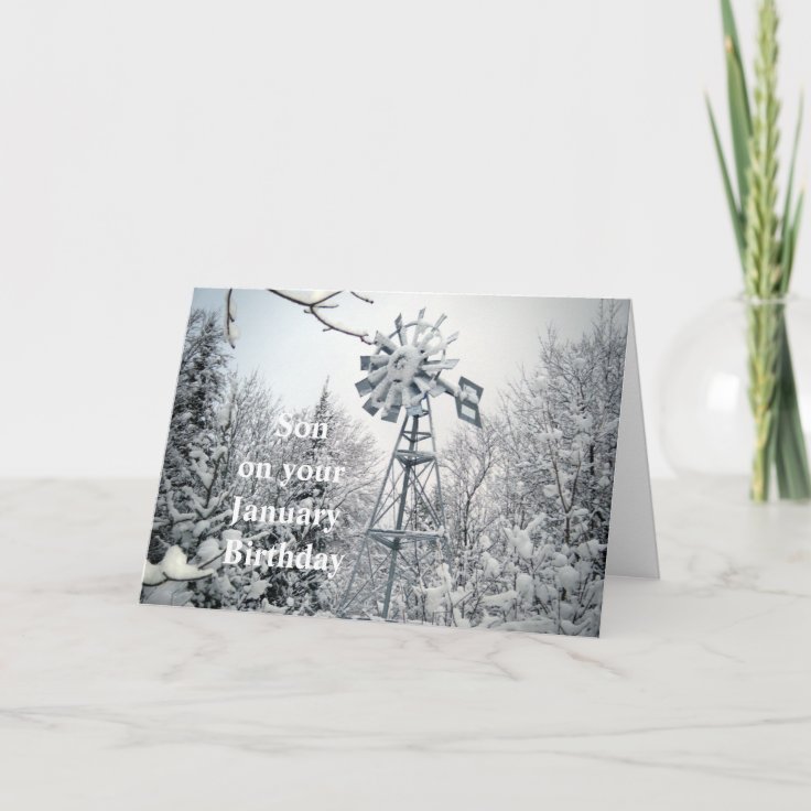Son's January Birthday-windmill winter scene Card | Zazzle