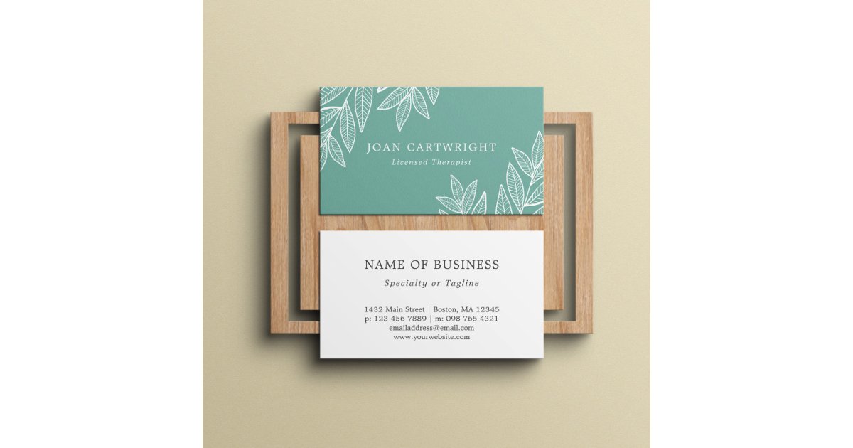 Soothing Cyan White Leaves Psychologist Therapist Business Card | Zazzle