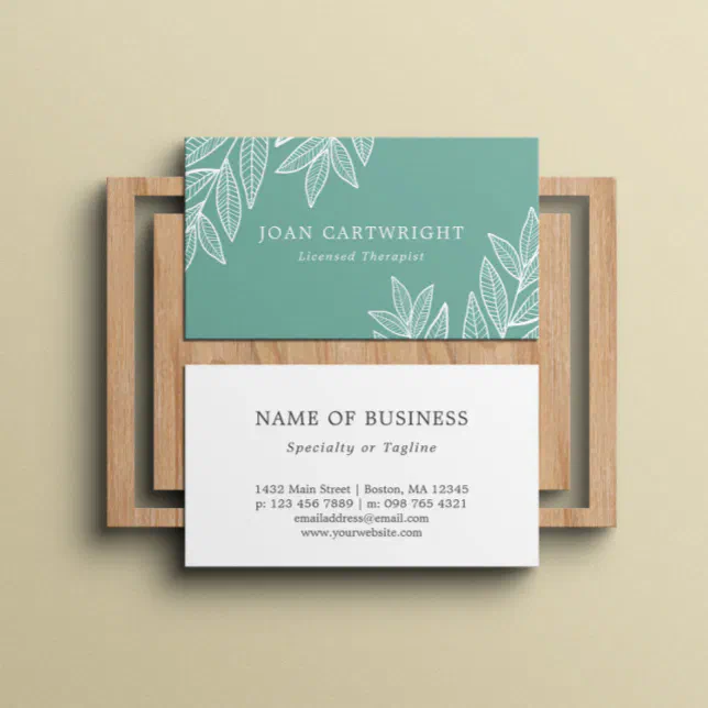 Soothing Cyan White Leaves Psychologist Therapist Business Card | Zazzle