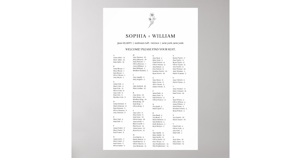 Sophia Elegant Alphabetical Seating Chart | Zazzle