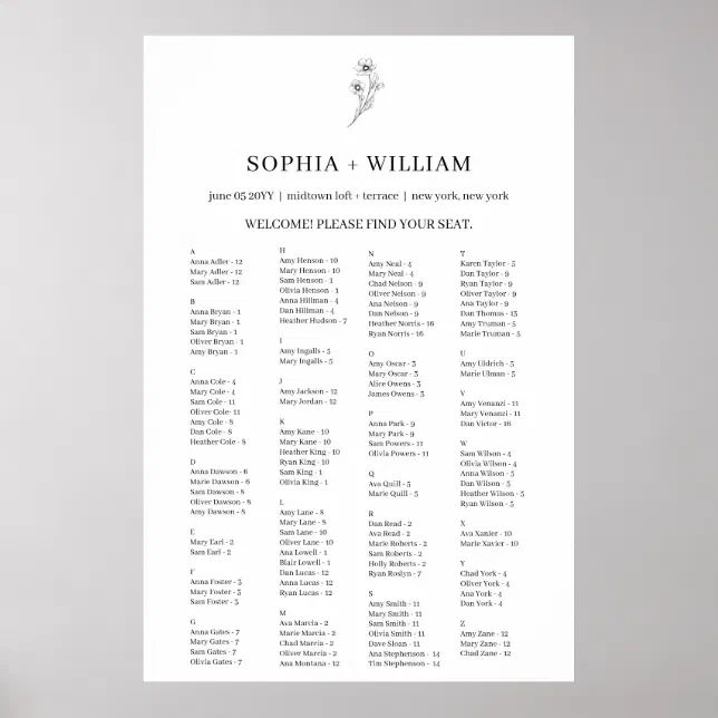 Sophia Elegant Alphabetical Seating Chart | Zazzle