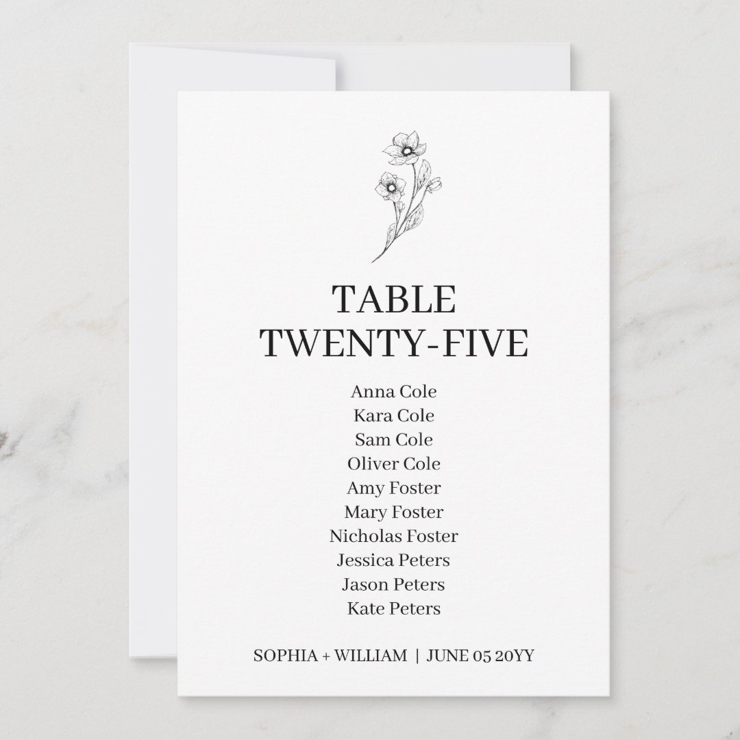 Sophia Elegant Wedding Table Seating Chart Card | Zazzle