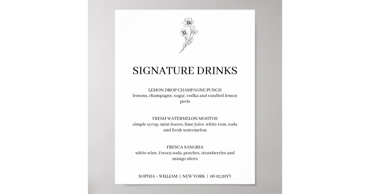 Sophia Simple Signature Drinks Wedding Sign | Zazzle