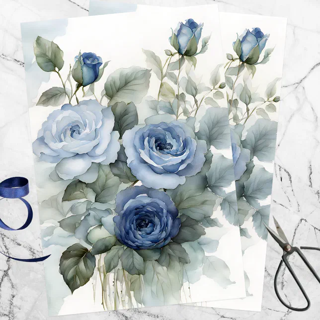 Sophisticated Artistic Watercolor Blue Roses Tissue Paper | Zazzle
