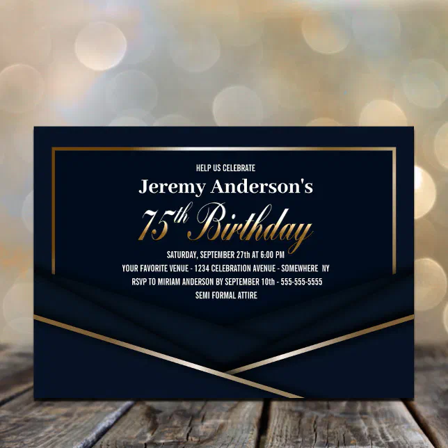 Sophisticated Blue Gold 75th Birthday Party Invitation | Zazzle
