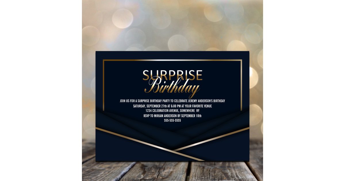 Sophisticated Blue Gold Surprise Birthday Invitation | Zazzle