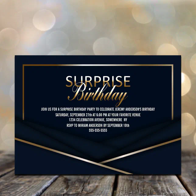 Sophisticated Blue Gold Surprise Birthday Invitation | Zazzle