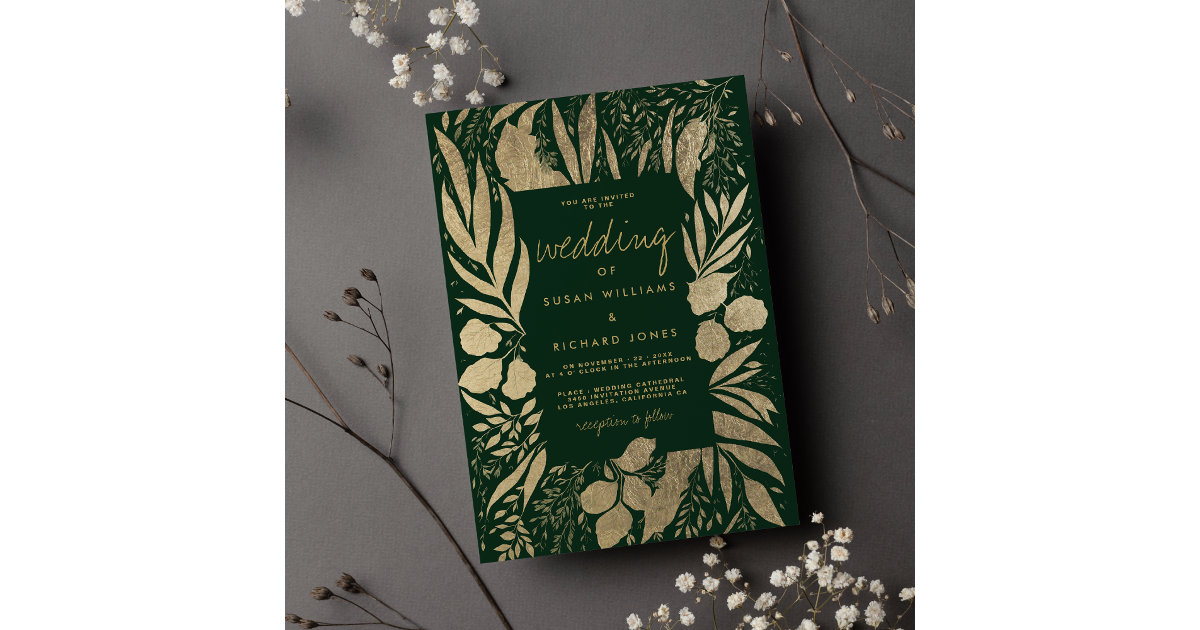 Sophisticated green gold foliage floral wedding invitation | Zazzle
