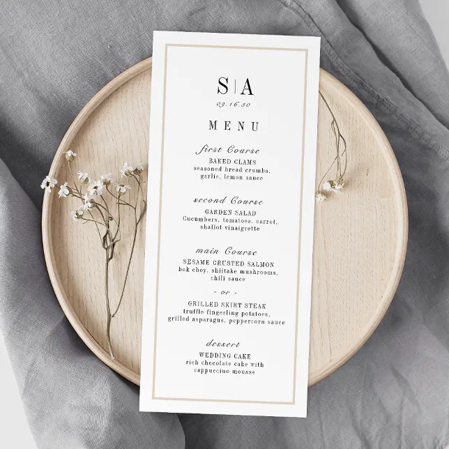 Sophisticated monogram minimalist wedding menu | Zazzle