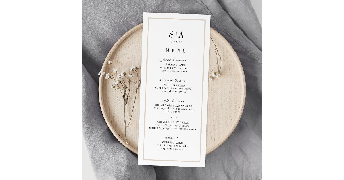 Sophisticated monogram minimalist wedding menu | Zazzle