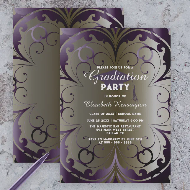 Sophisticated Ornate Deep Purple Graduation Party Invitation | Zazzle