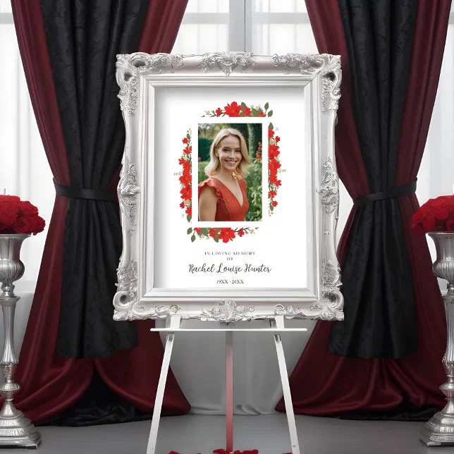 Sophisticated Red Floral Garland In Loving Memory Poster | Zazzle