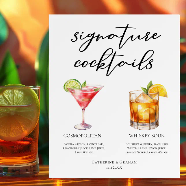 Sophisticated Wedding Signature Cocktails Menu Foam Board | Zazzle