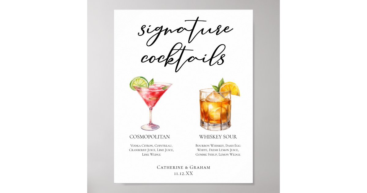Sophisticated Wedding Signature Cocktails Menu Poster | Zazzle