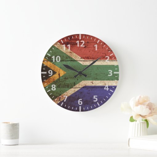 South Africa Flag on Old Wood Grain Large Clock | Zazzle