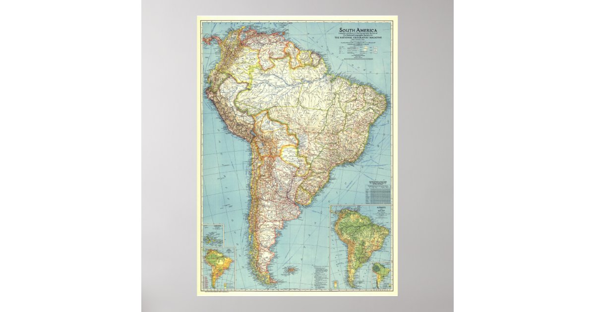 " South America: 1942 Detailed colored MAP ... Poster | Zazzle