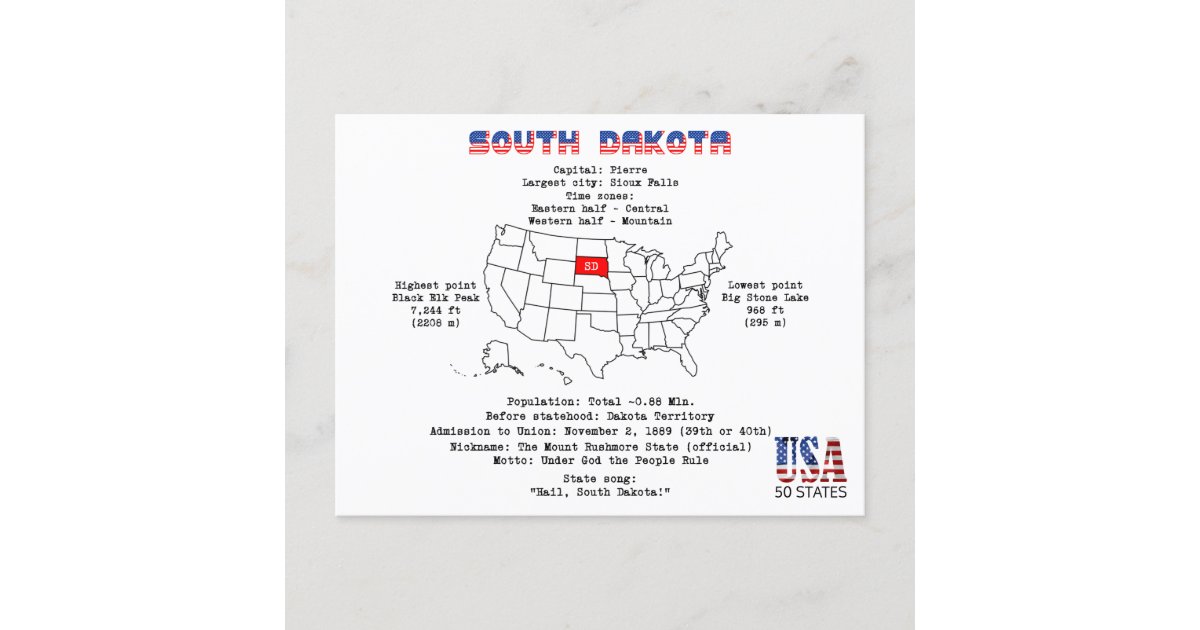 South Dakota American state on a map and details Holiday Postcard | Zazzle