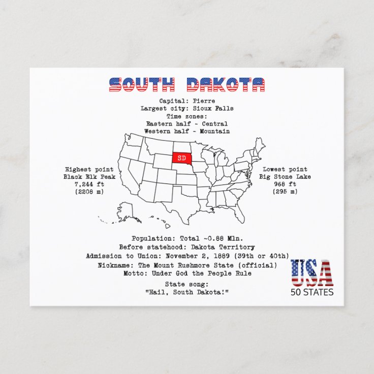South Dakota American state on a map and details Holiday Postcard | Zazzle